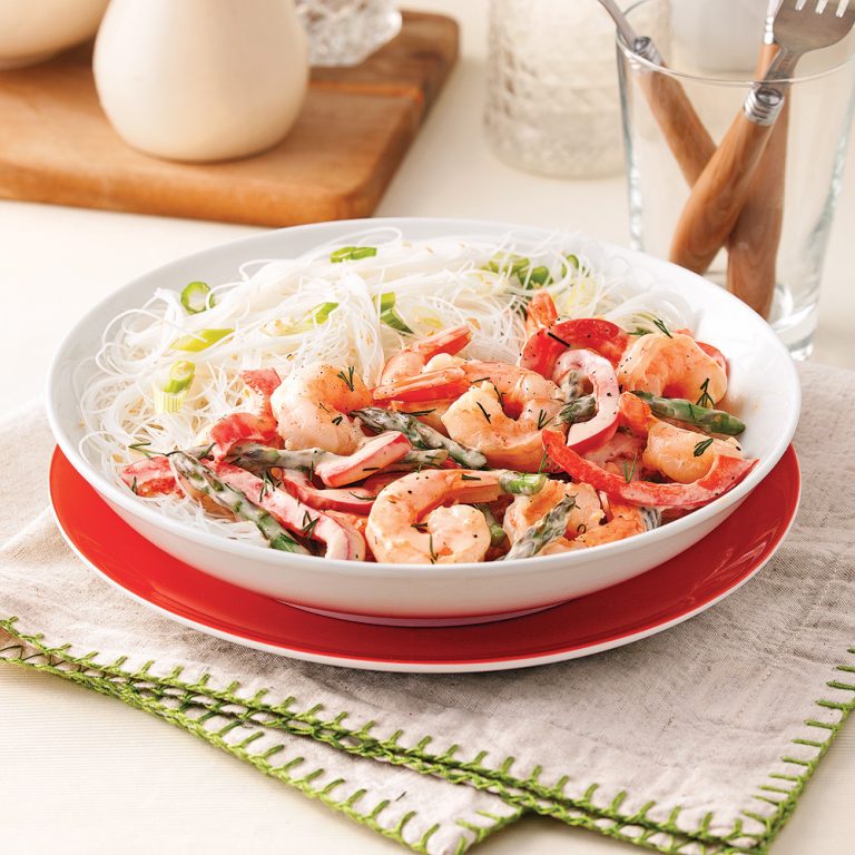 Sauté de crevettes, asperges et poivron en sauce - 5 ingredients 15 minutes