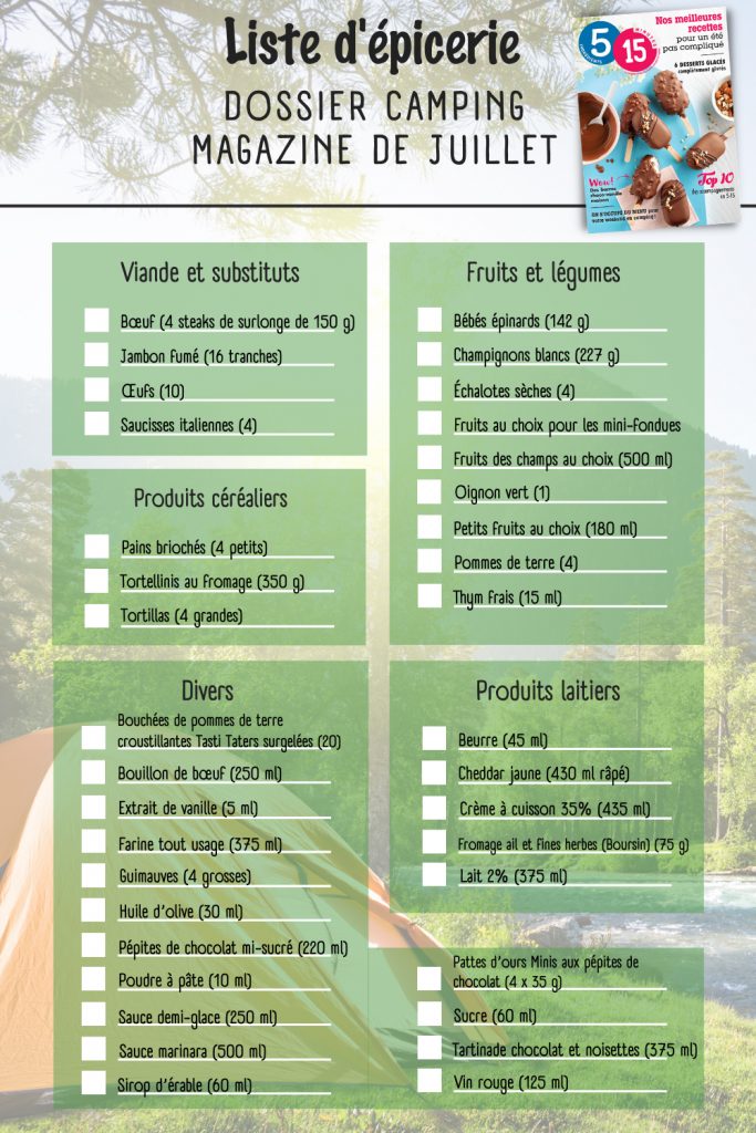 Liste d’épicerie - Menu camping (numéro juillet 2021) - 5 ingredients ...