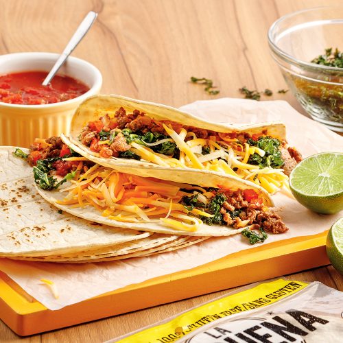 Tacos de maïs au boeuf haché et kale frit - 5 ingredients 15 minutes