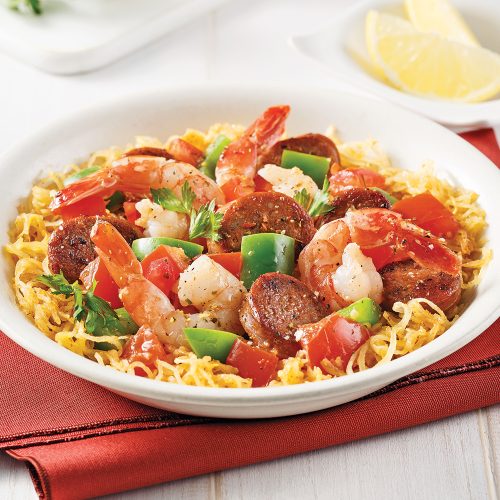 Sauté de crevettes et saucisses épicées - 5 ingredients 15 minutes