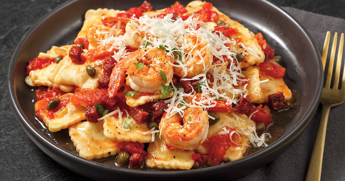 Raviolis aux crevettes, chorizo et tomates - 5 ingredients 15 minutes