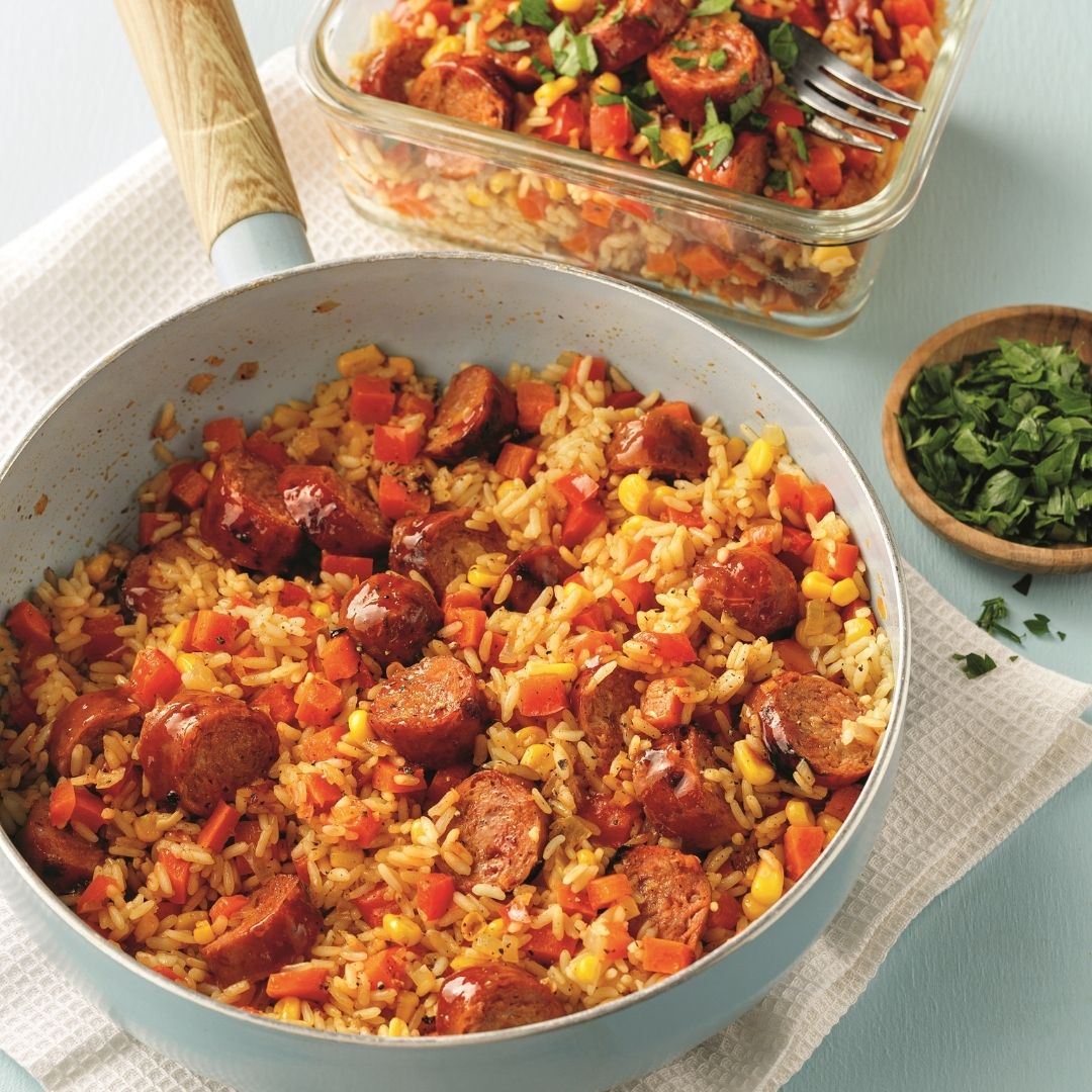 Sauté de riz et saucisses - 5 ingredients 15 minutes